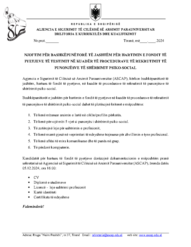 Njoftim për bashkëpunëtorë - Agjencia e Sigurimit të Cilësisë së ...